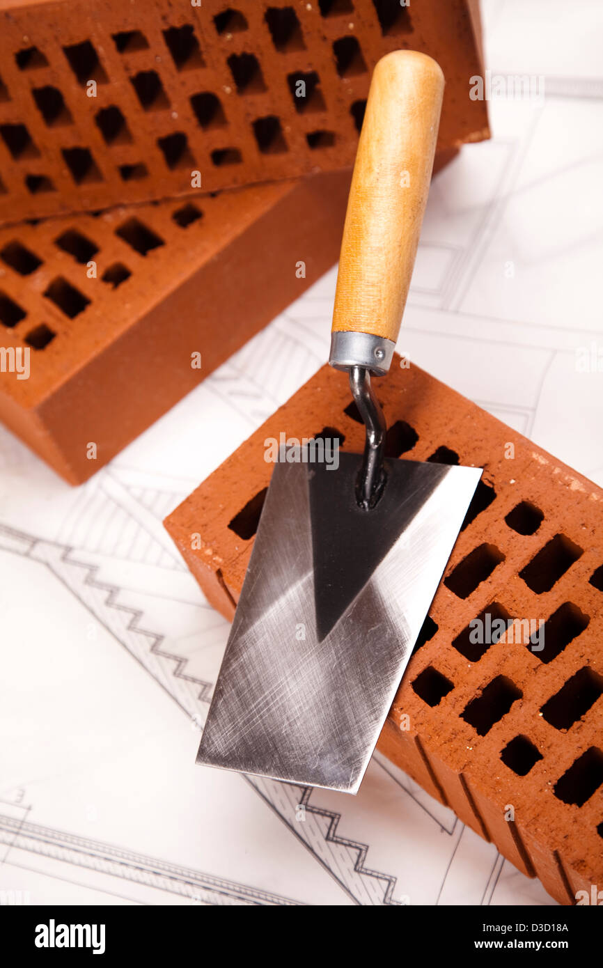 Building background,construction plans,trowel and bricks Stock Photo ...