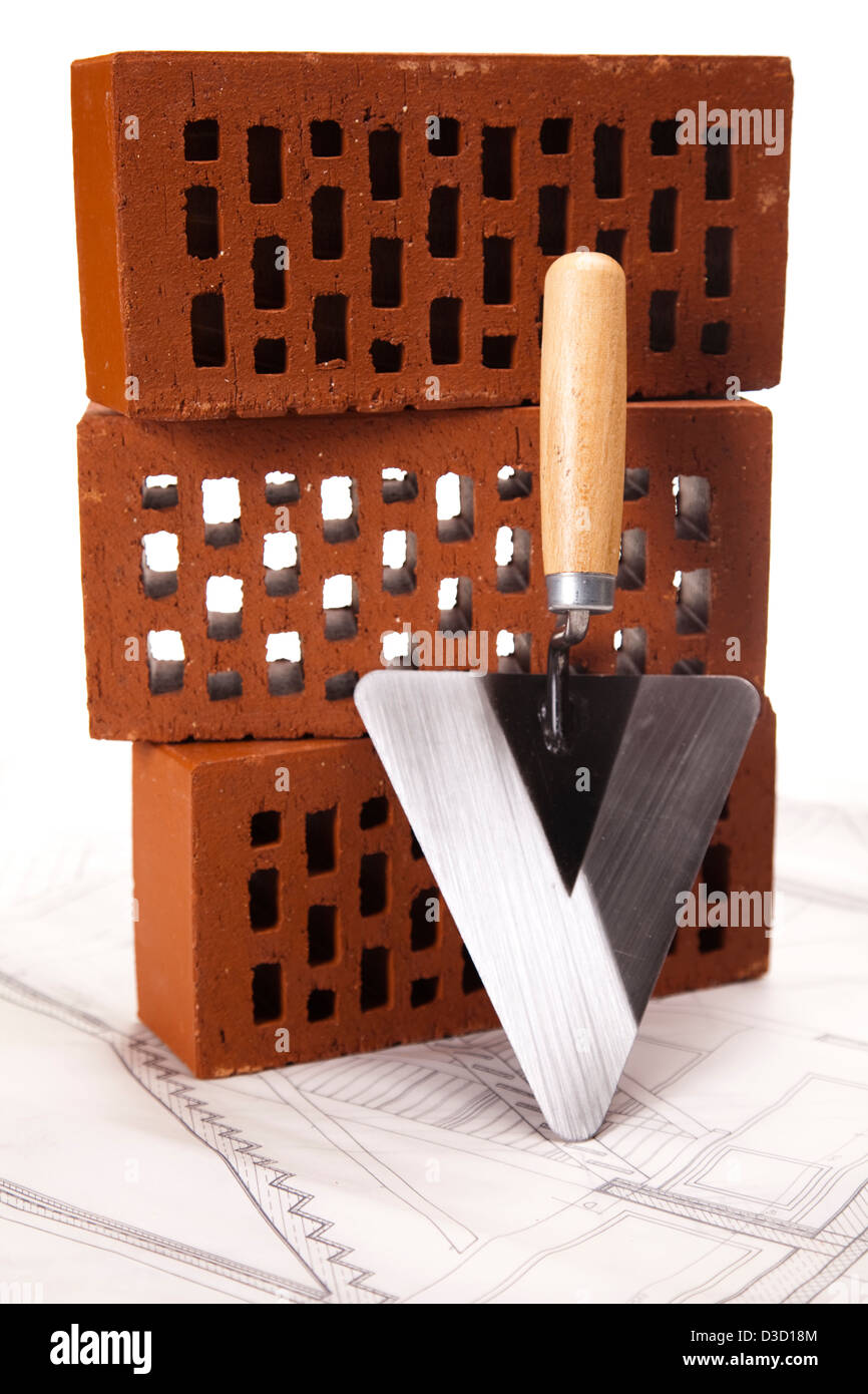 Building background,construction plans,trowel and bricks Stock Photo ...