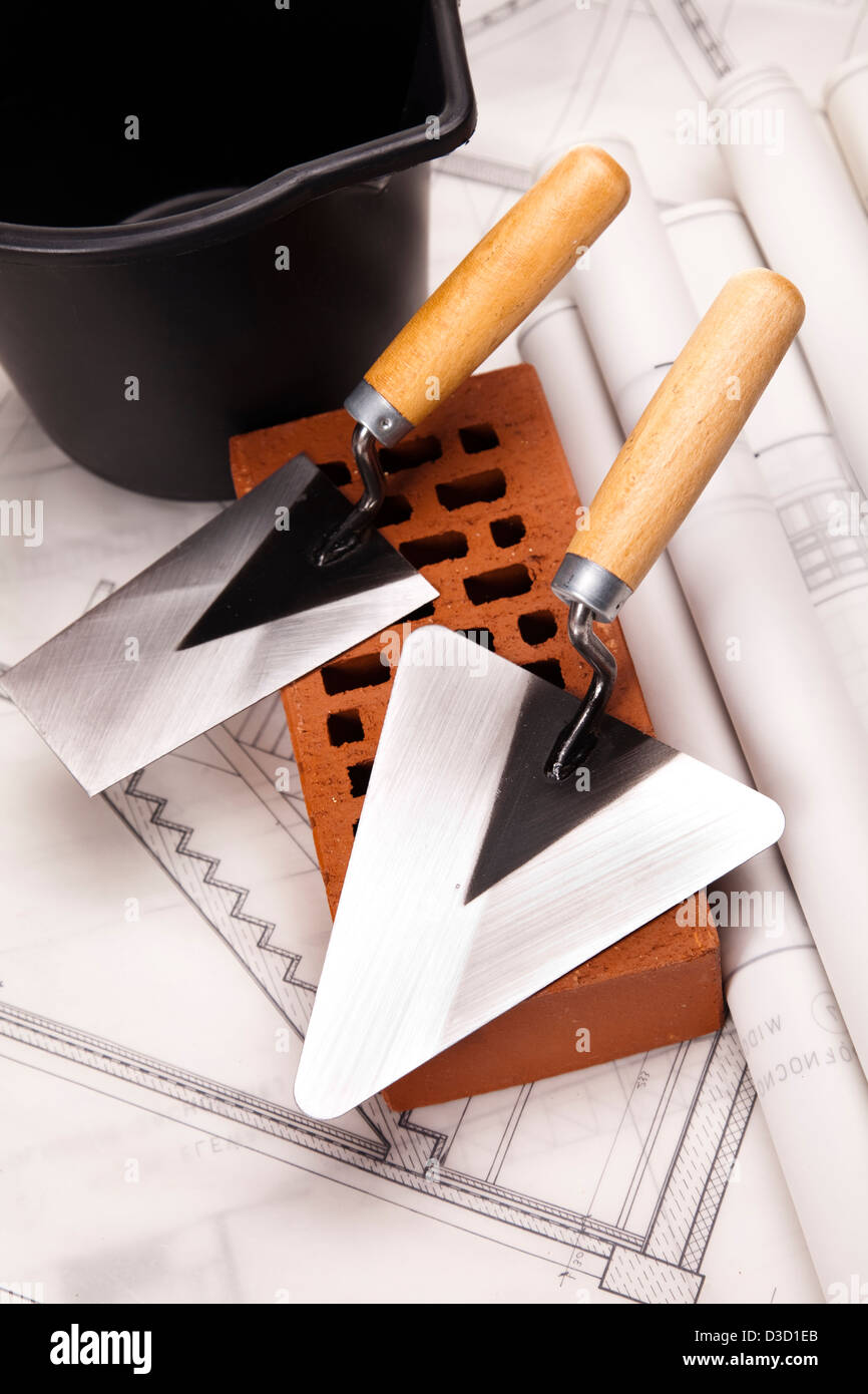 Building background,construction plans,trowel and bricks Stock Photo ...