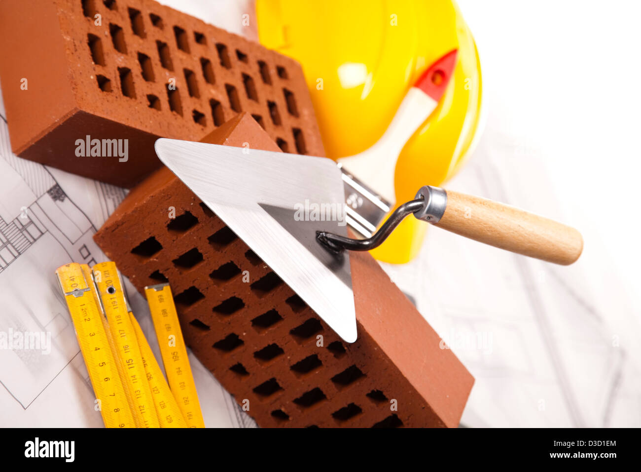 Building background,construction plans,trowel and bricks Stock Photo ...