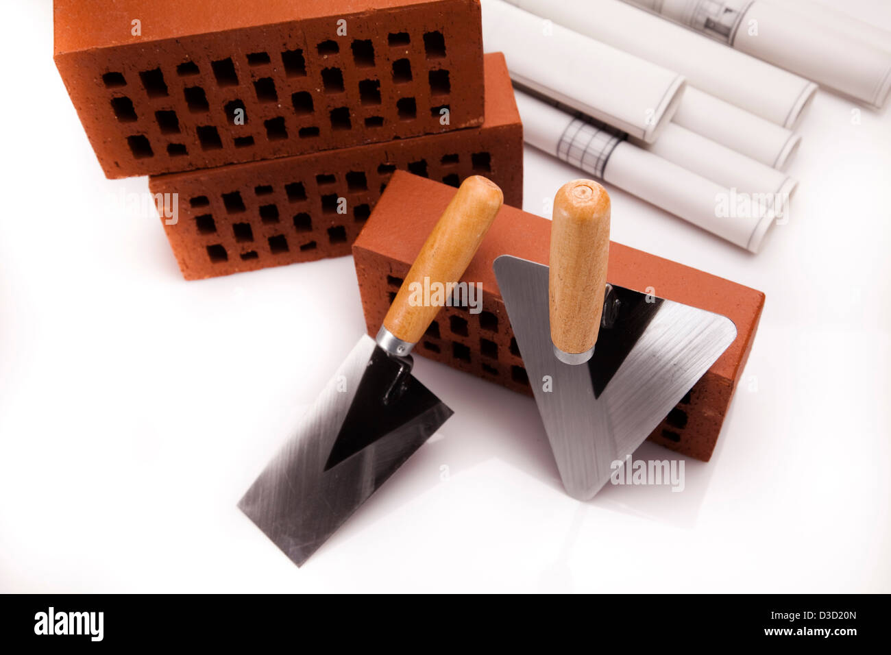 Building background,construction plans,trowel and bricks Stock Photo ...