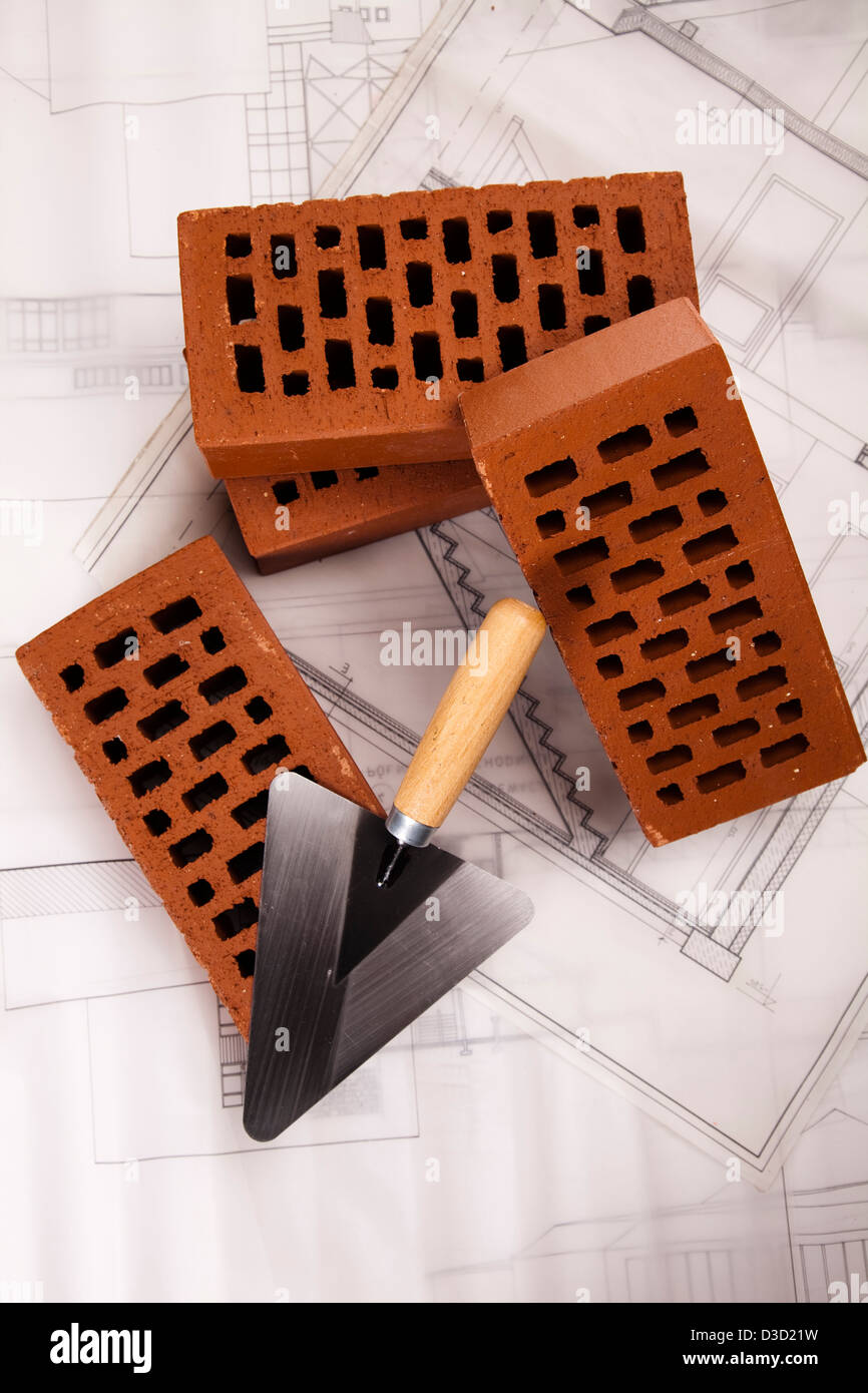 Building background,construction plans,trowel and bricks Stock Photo ...