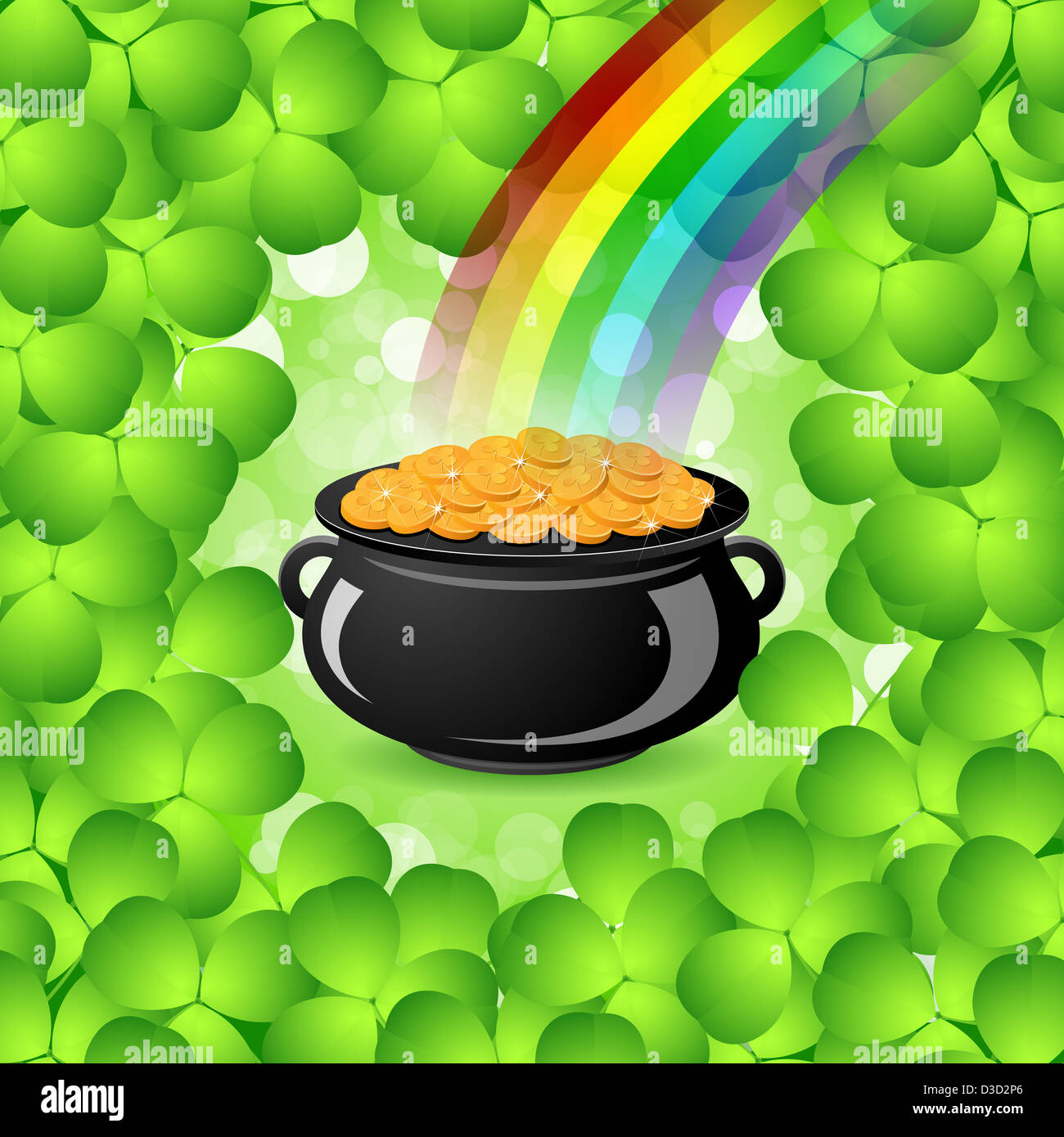 St. Patricks Day Cauldron with Gold Coins, Rainbow and Shamrock Stock ...