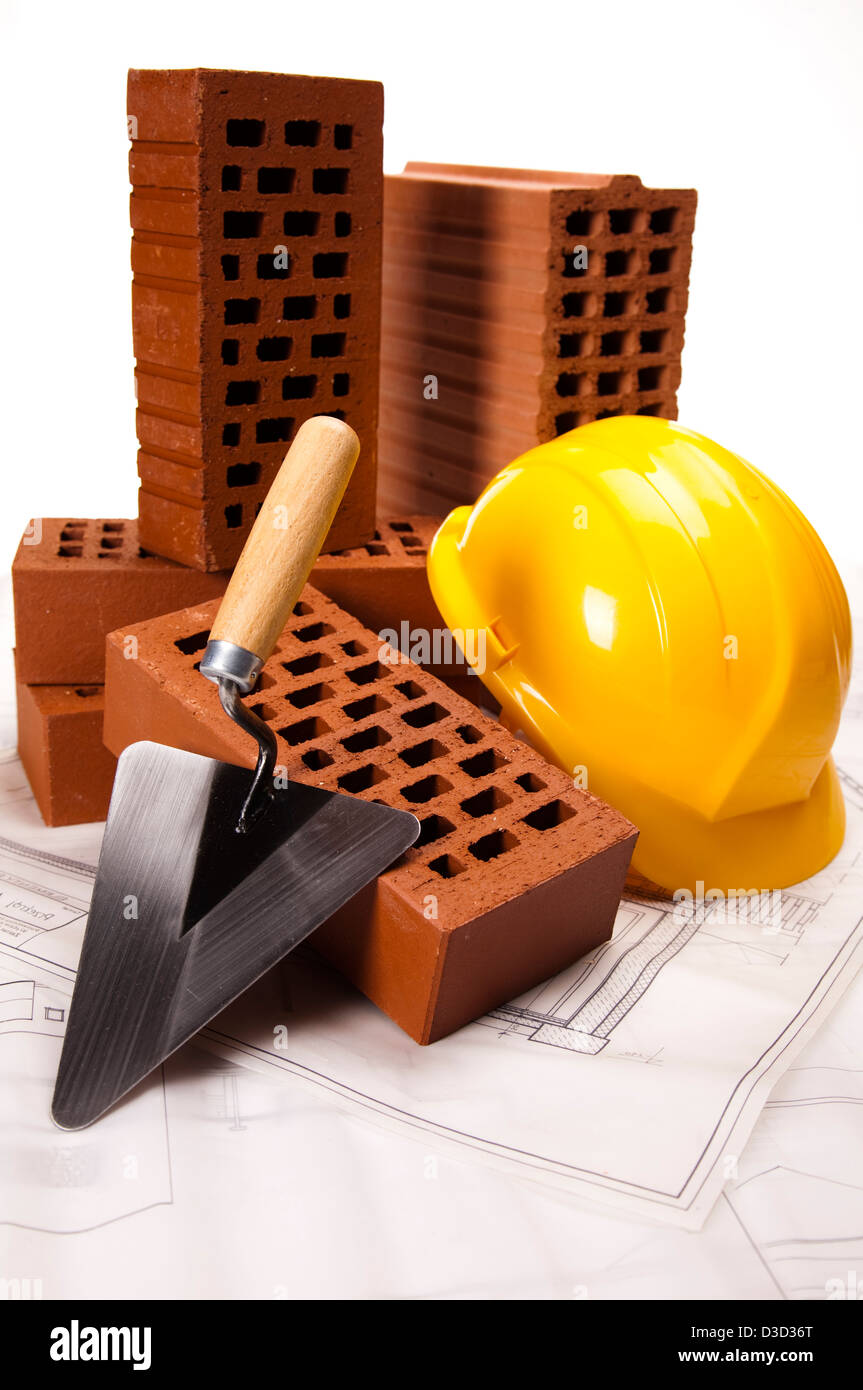 Building background,construction plans,trowel and bricks Stock Photo ...