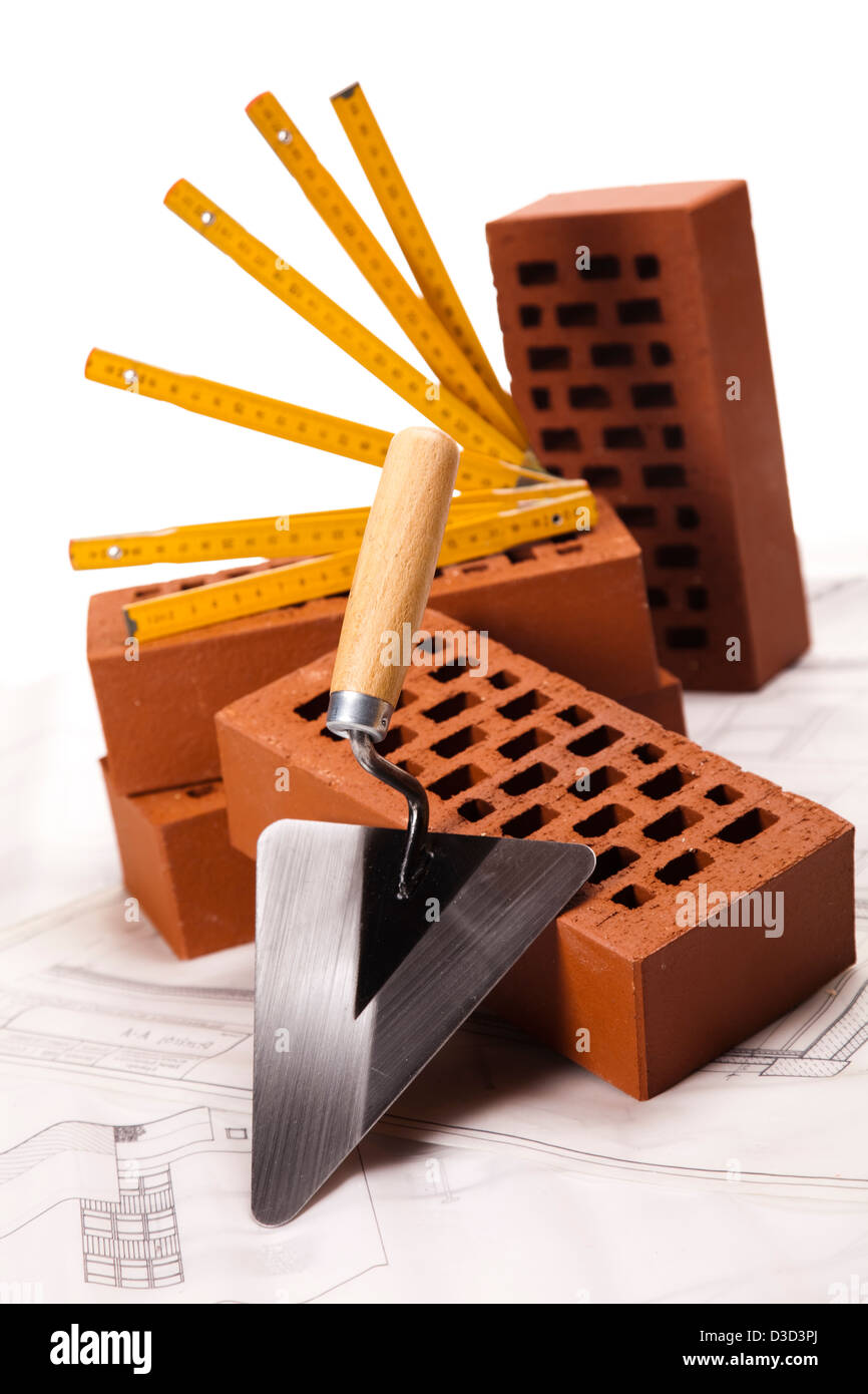 Building background,construction plans,trowel and bricks Stock Photo ...