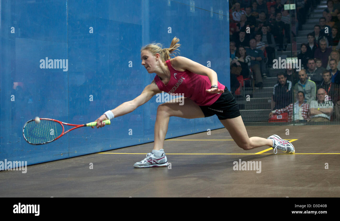 Defending champion Laura Massaro (England) stretches to win a point and ...