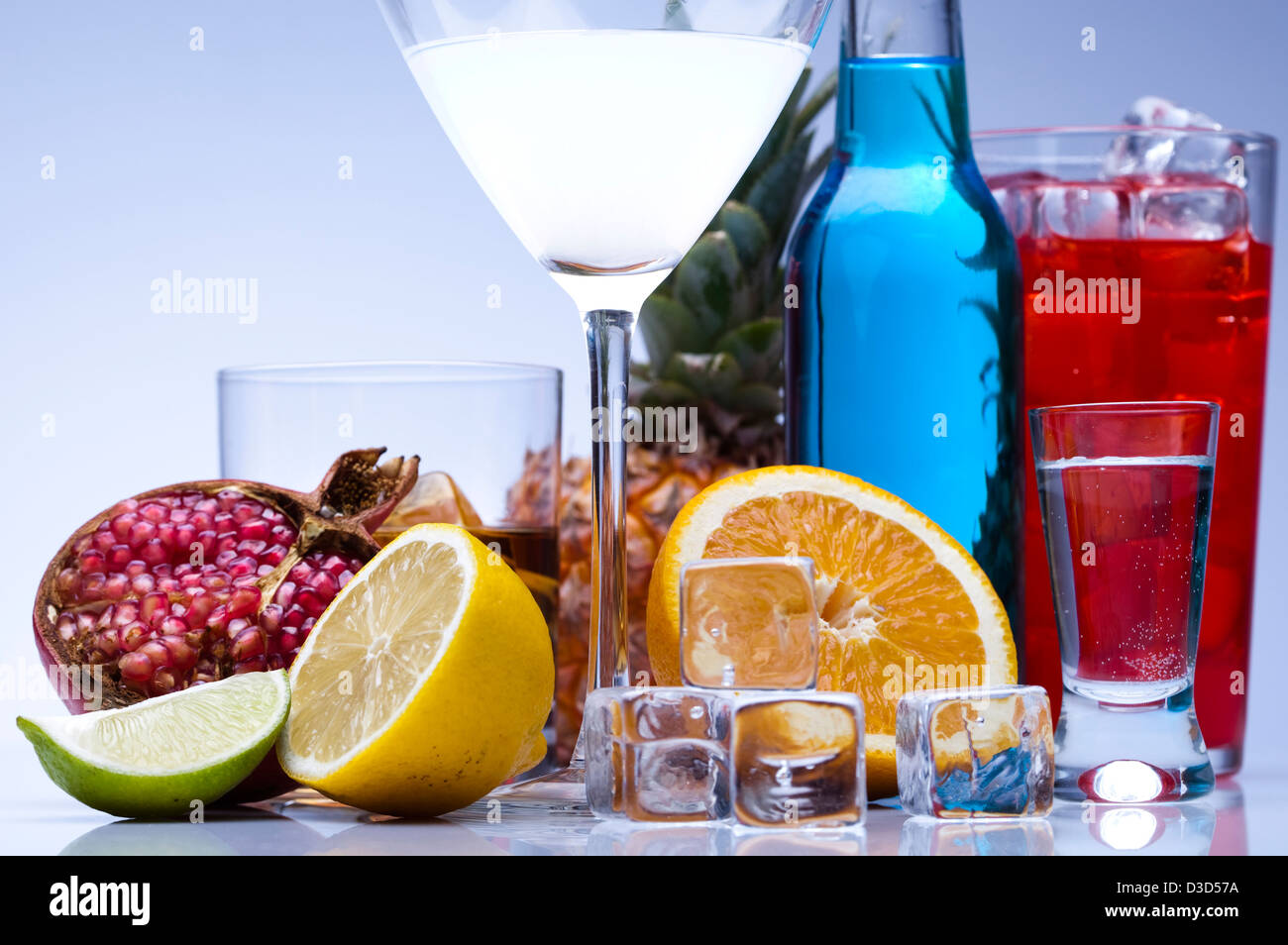 Alcohol drinks set with fruits Stock Photo - Alamy