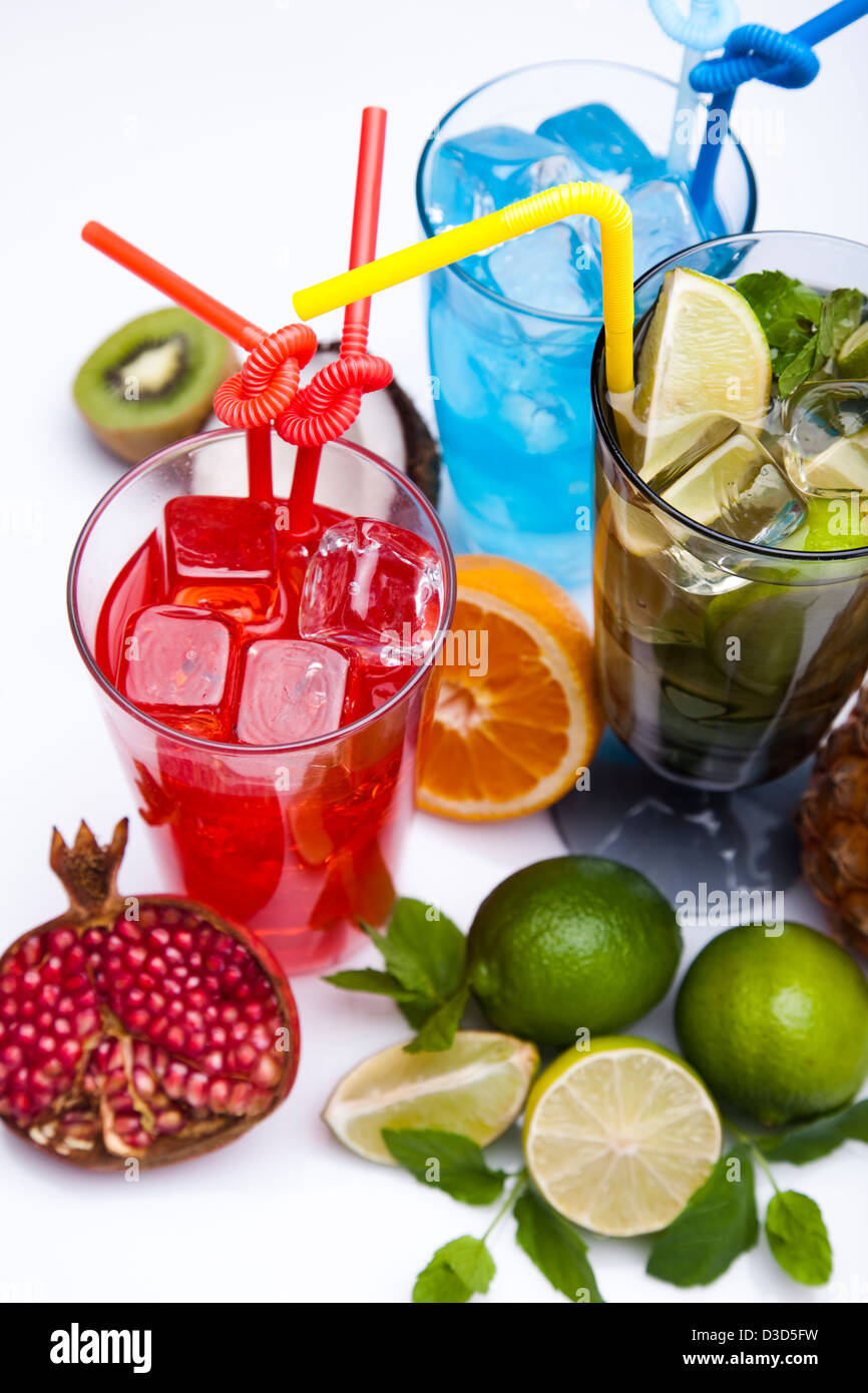 Alcohol drinks set with fruits Stock Photo - Alamy