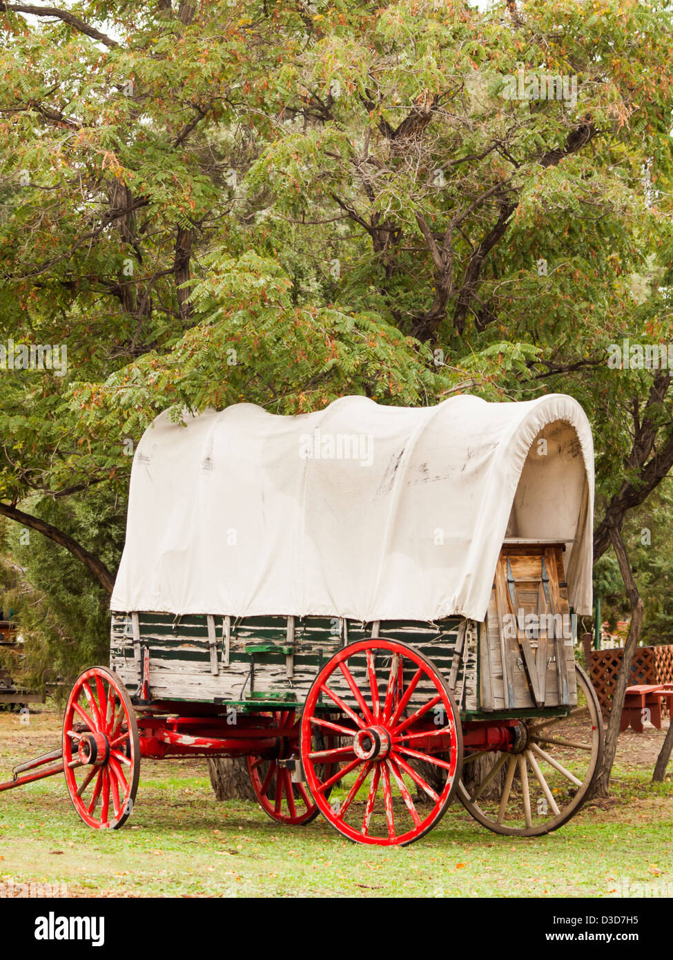 Old wagon with red wheels on display at the historical museum Stock ...