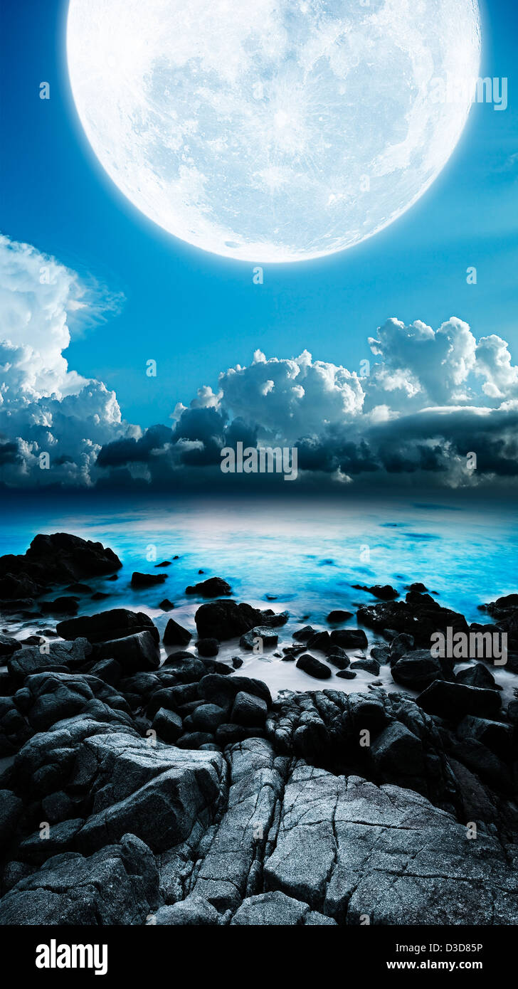 Full moon. Long exposure shot. Vertical panoramic composition Stock ...
