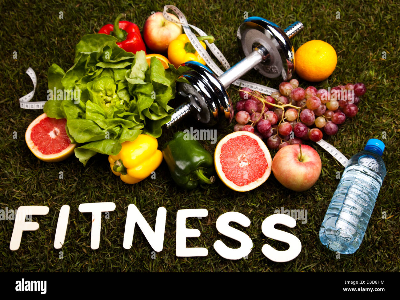 Fitness, dumbbell , fruits and vegetables Stock Photo - Alamy