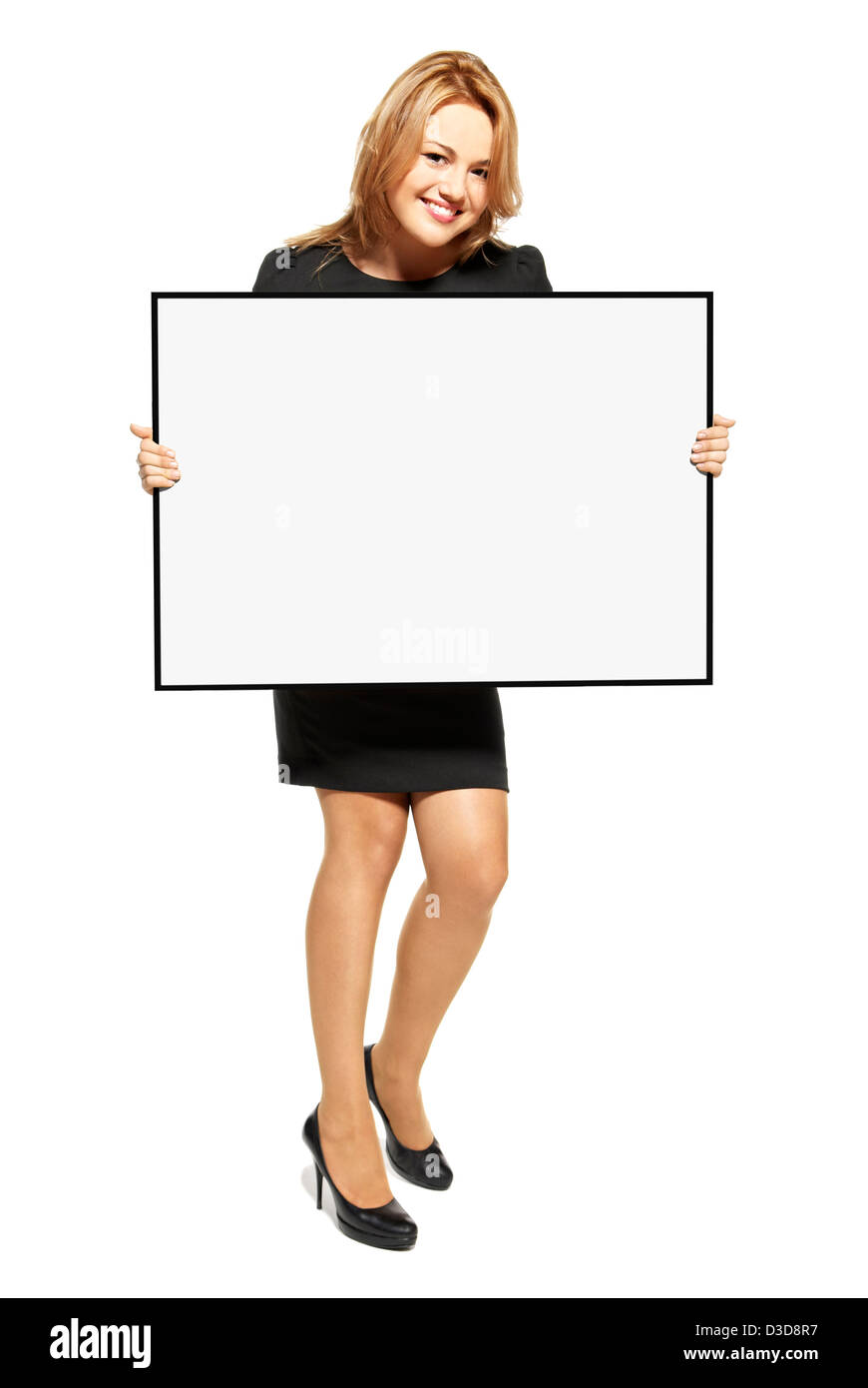 Attractive young woman holding up a poster. Isolated on white ...