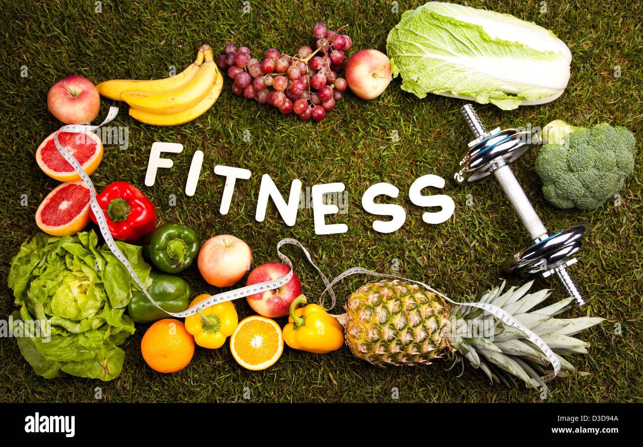 Fitness, dumbbell , fruits and vegetables Stock Photo - Alamy