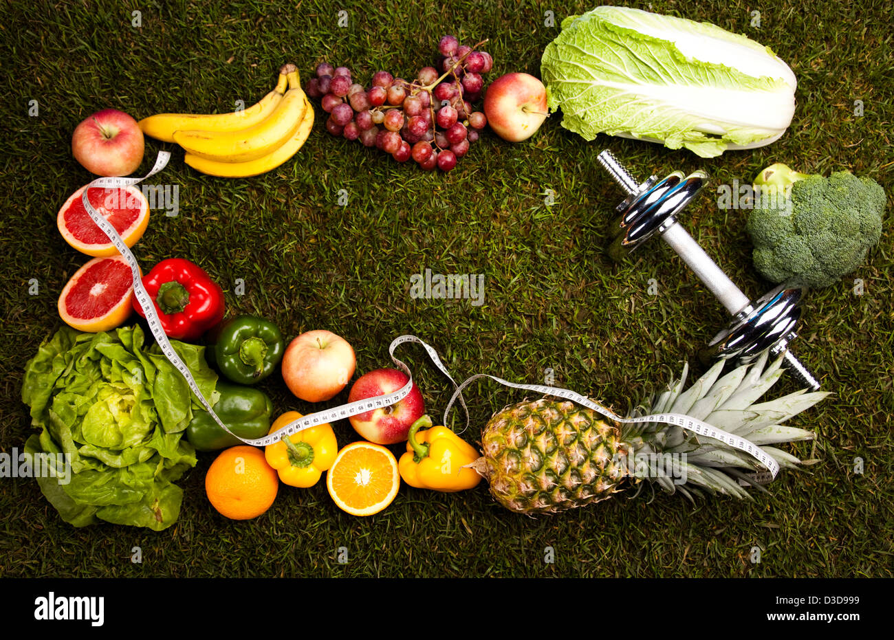 Fitness, dumbbell , fruits and vegetables Stock Photo - Alamy