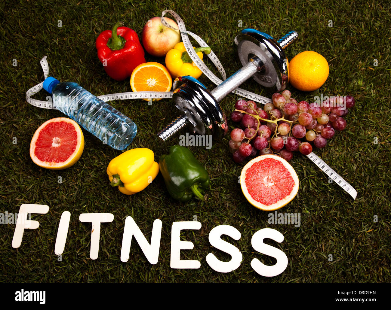Fitness, dumbbell , fruits and vegetables Stock Photo - Alamy