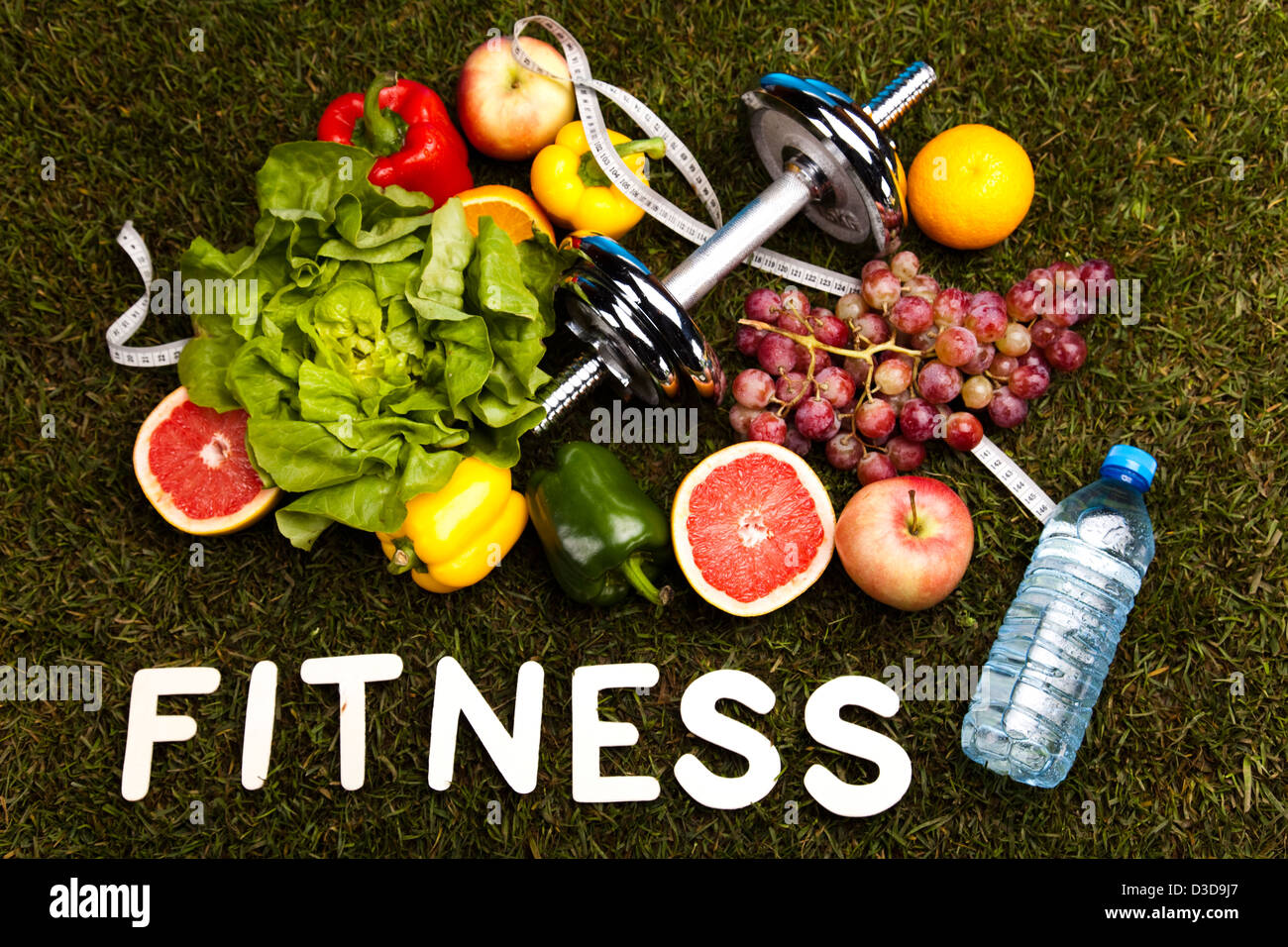 Fitness, dumbbell , fruits and vegetables Stock Photo - Alamy