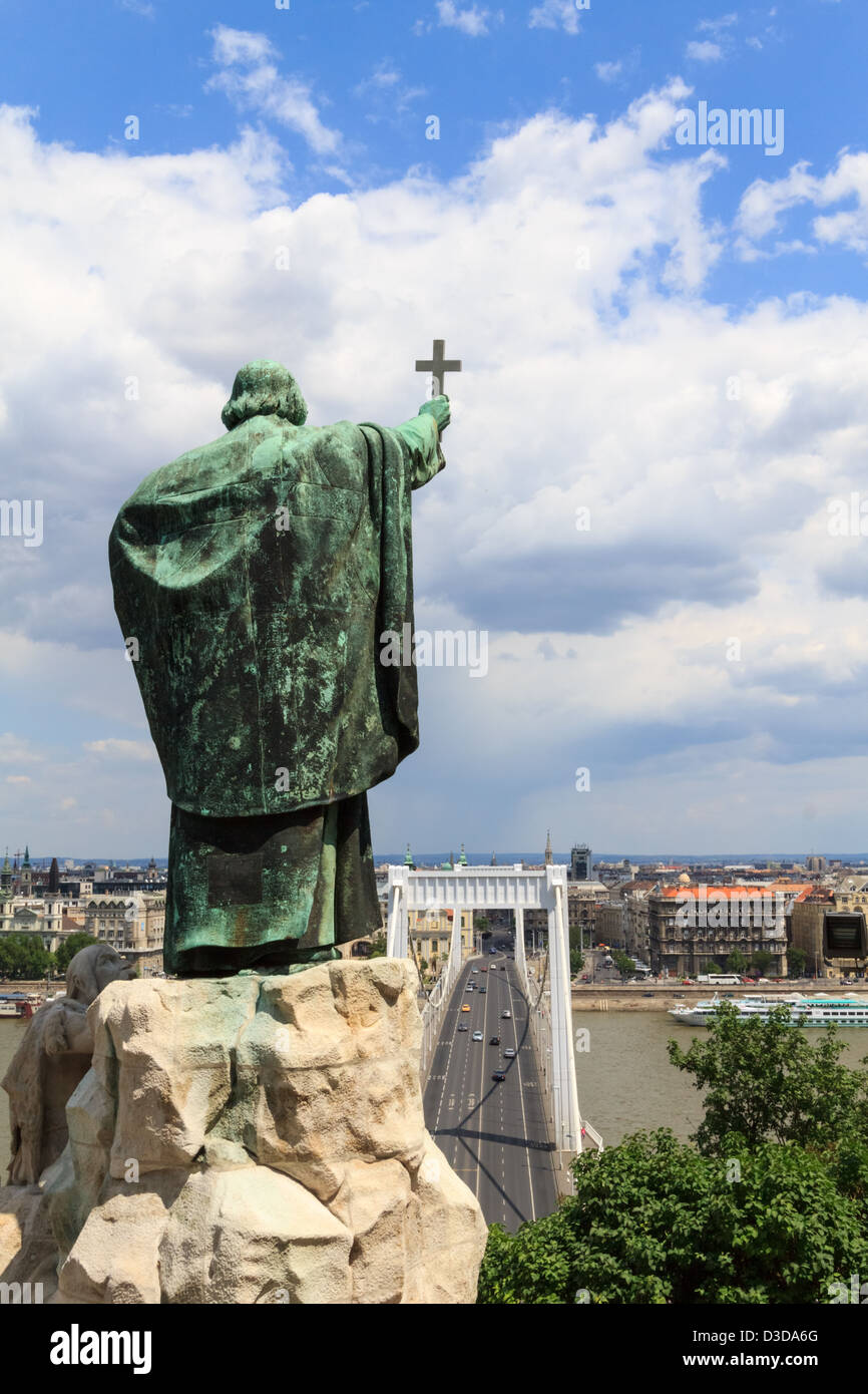 Bishop Gellert statue looking down on Erzsebet bridge to Pest part of ...