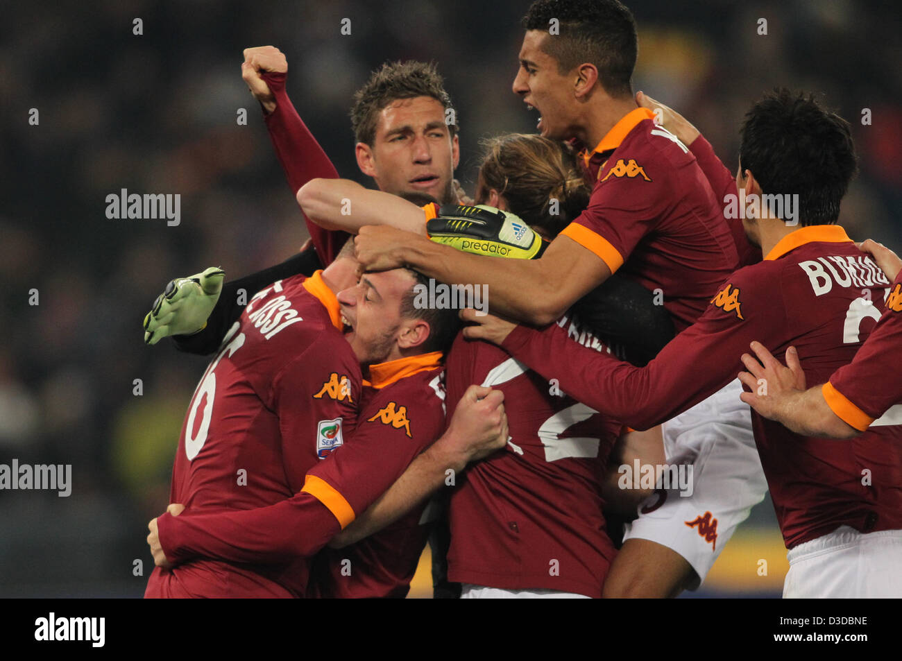 16.02.2013. Rome Italy. Olympic Stadium. Rome players celabrate their ...