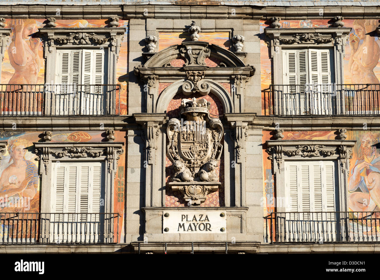 Detail on the facade of one of the buildings in the Plaza Mayor, Madrid ...