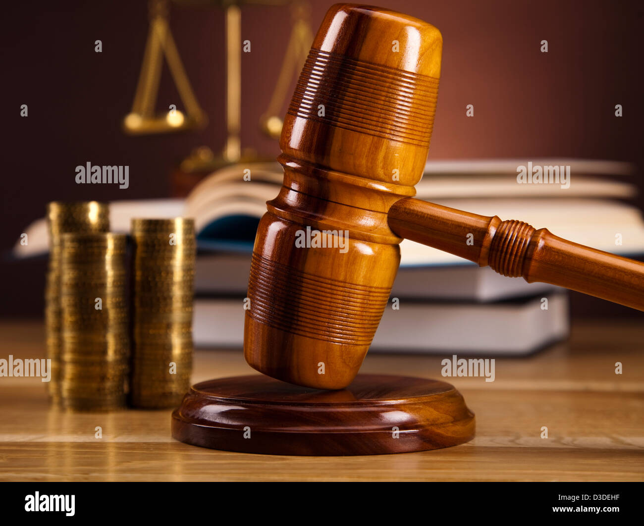 Justice Scale, Gavel and coins Stock Photo - Alamy
