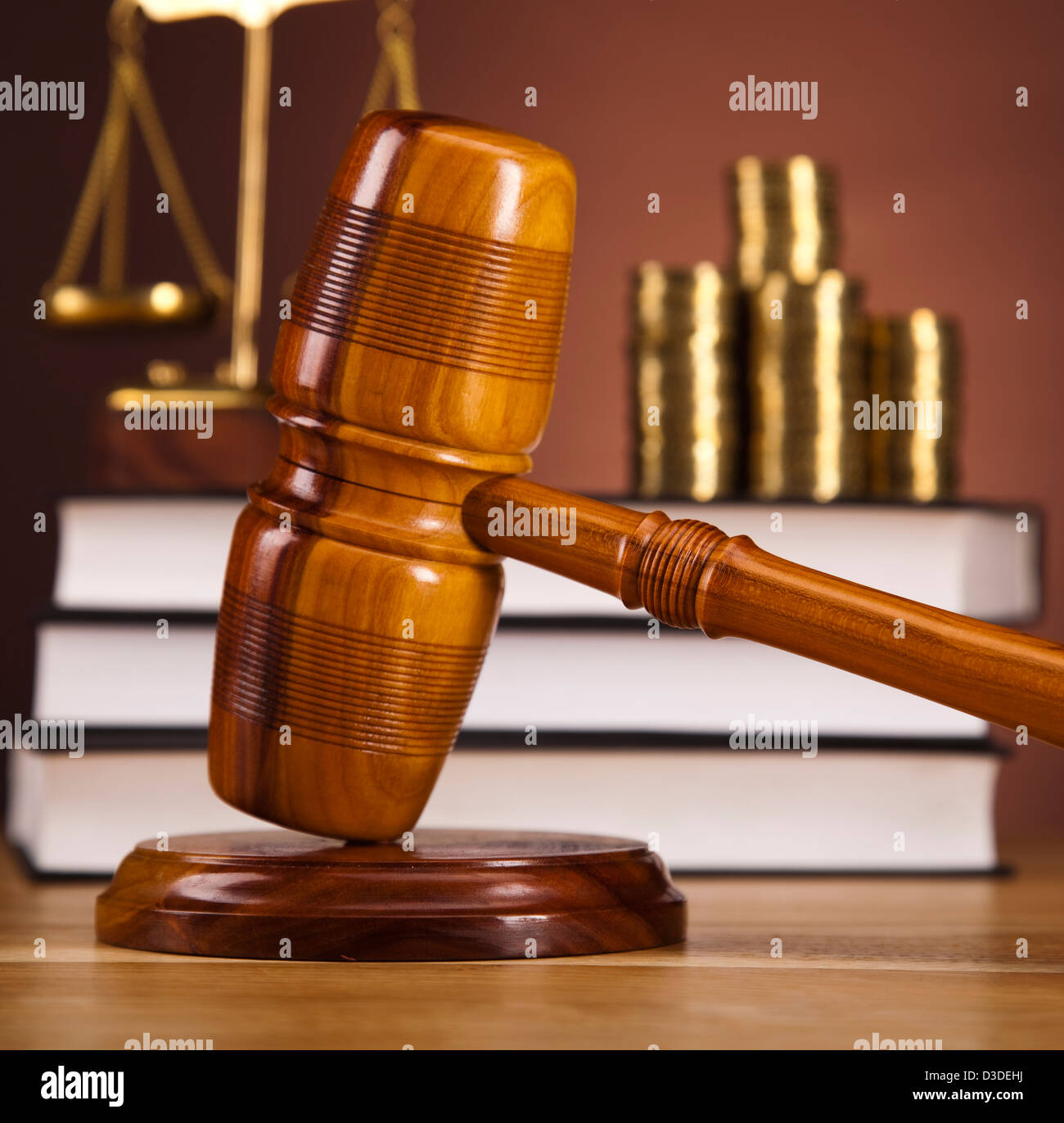 Justice Scale, Gavel and coins Stock Photo - Alamy