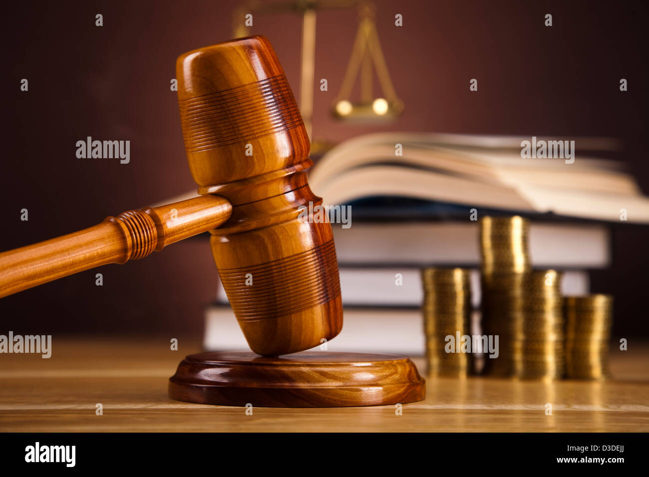 Justice Scale, Gavel and coins Stock Photo - Alamy