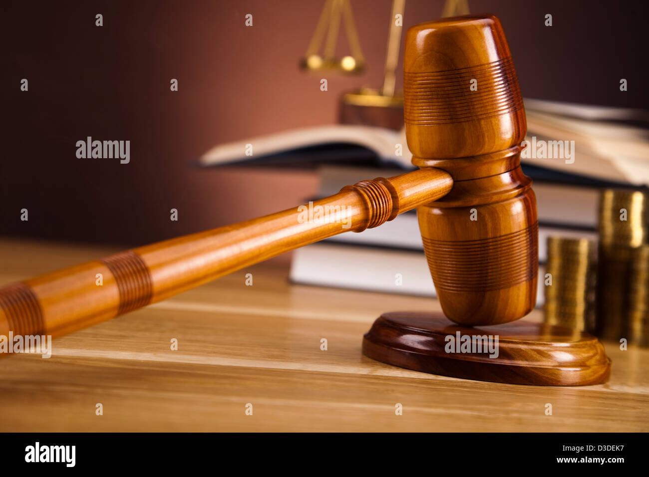 Justice Scale, Gavel and coins Stock Photo - Alamy
