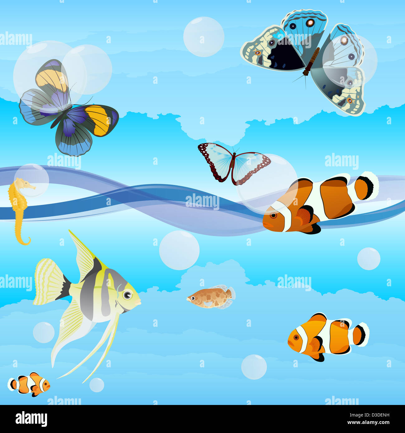 Butterflies are flying over the ocean waves, fish swim in water ...