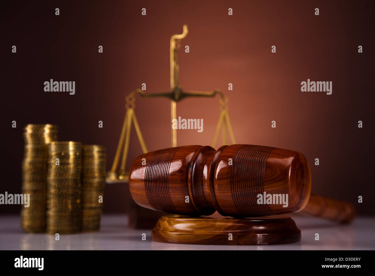 Justice Scale, Gavel and coins Stock Photo - Alamy