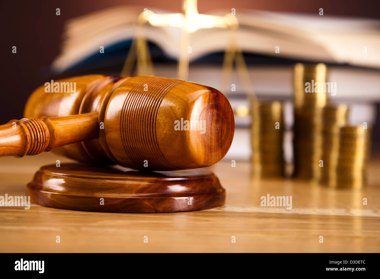 Justice Scale, Gavel and coins Stock Photo - Alamy