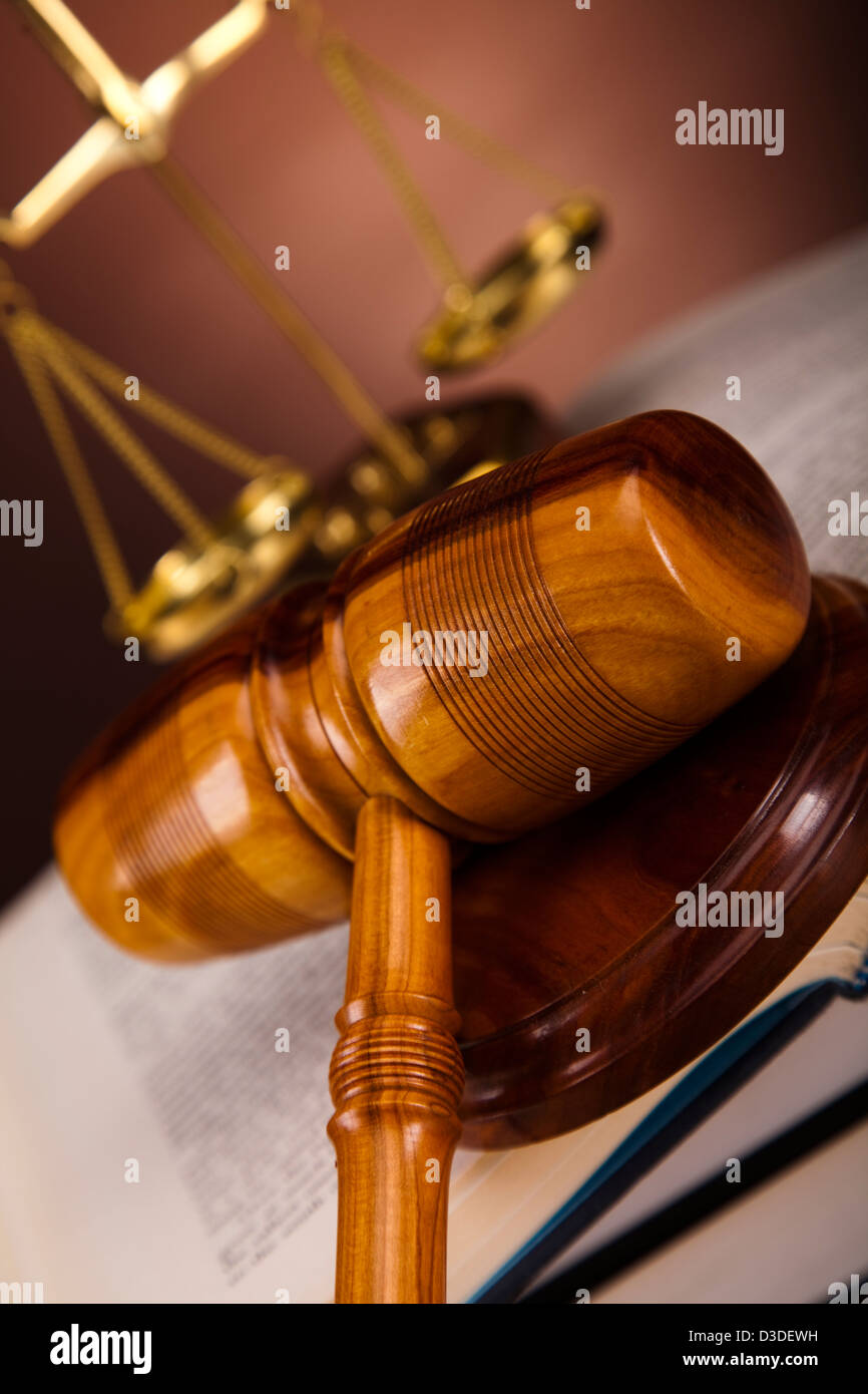 Law theme, mallet of judge with justice scale Stock Photo - Alamy
