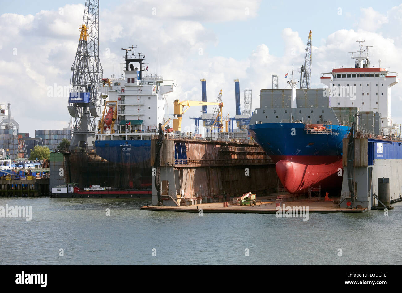 Rotterdam, The Netherlands, a container ship is in dry dock the port of ...