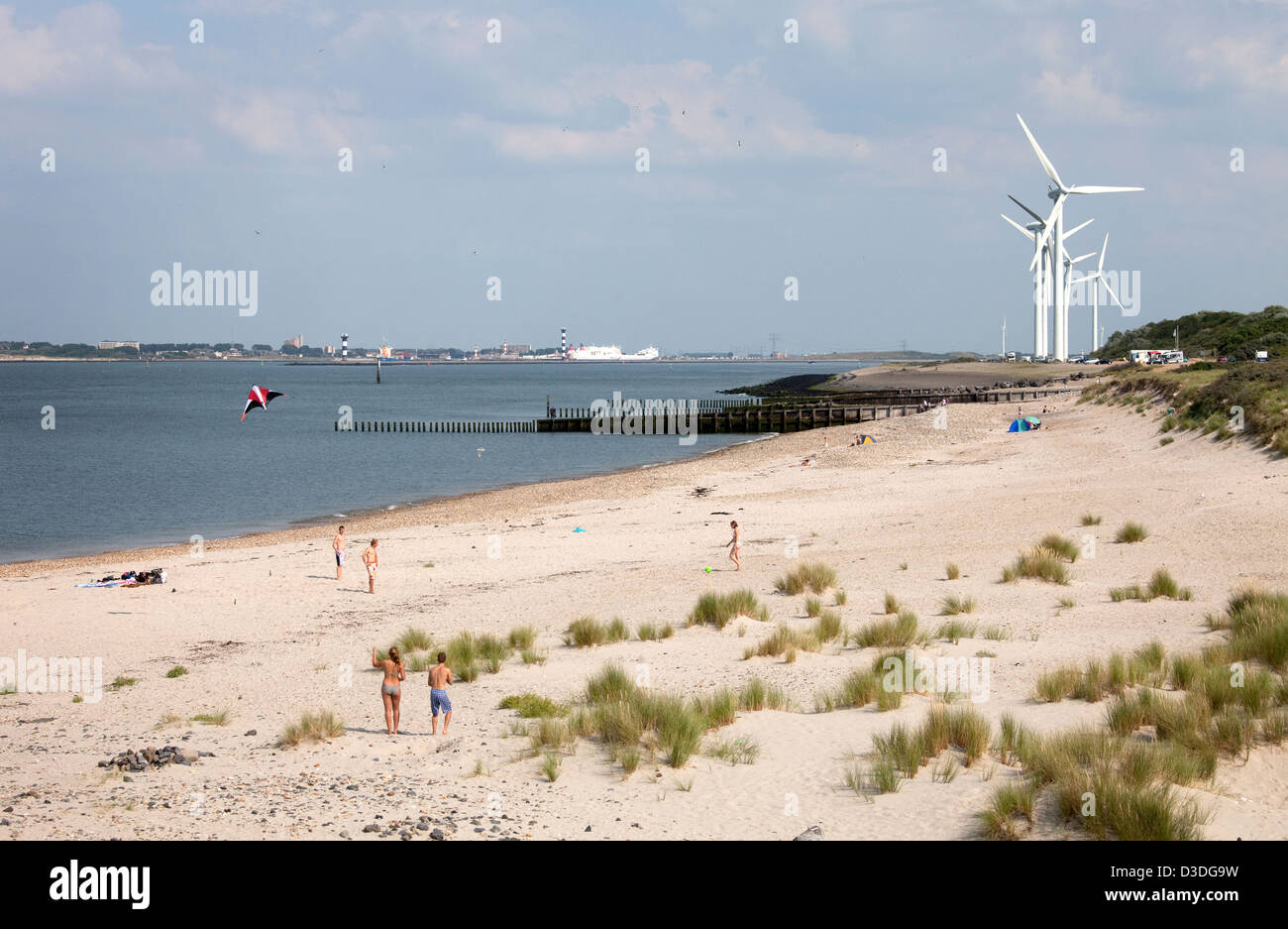 Rotterdam, Netherlands, sandy beach on the petroleum port of Rotterdam ...