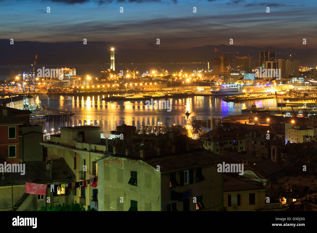 overview of the ancient port in genova at evening, Liguria, Italy Stock ...