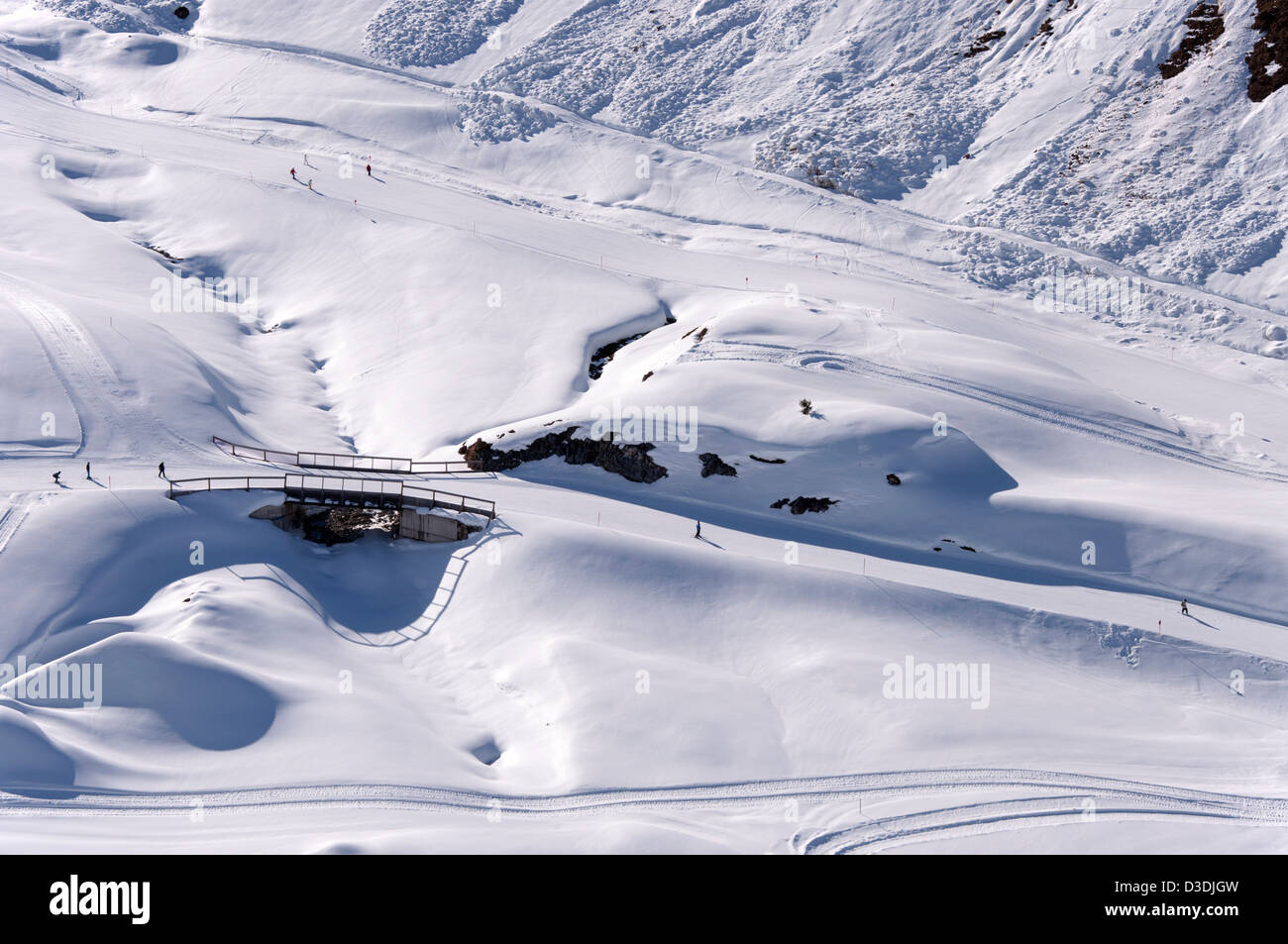 Ski pistes, skiers and bridge in Zillertal Alps in Austria Stock Photo ...