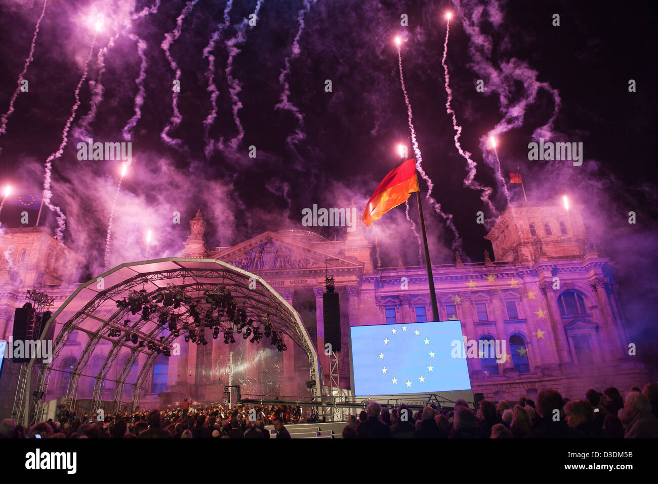Berlin, Germany, fireworks over the Reichstag at the Day of German ...