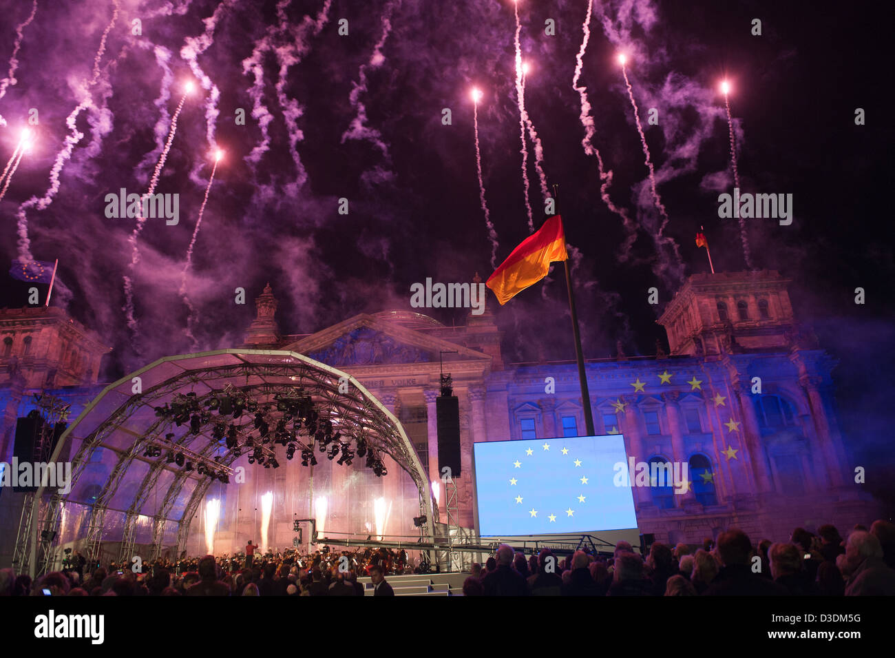 Berlin, Germany, fireworks over the Reichstag at the Day of German ...