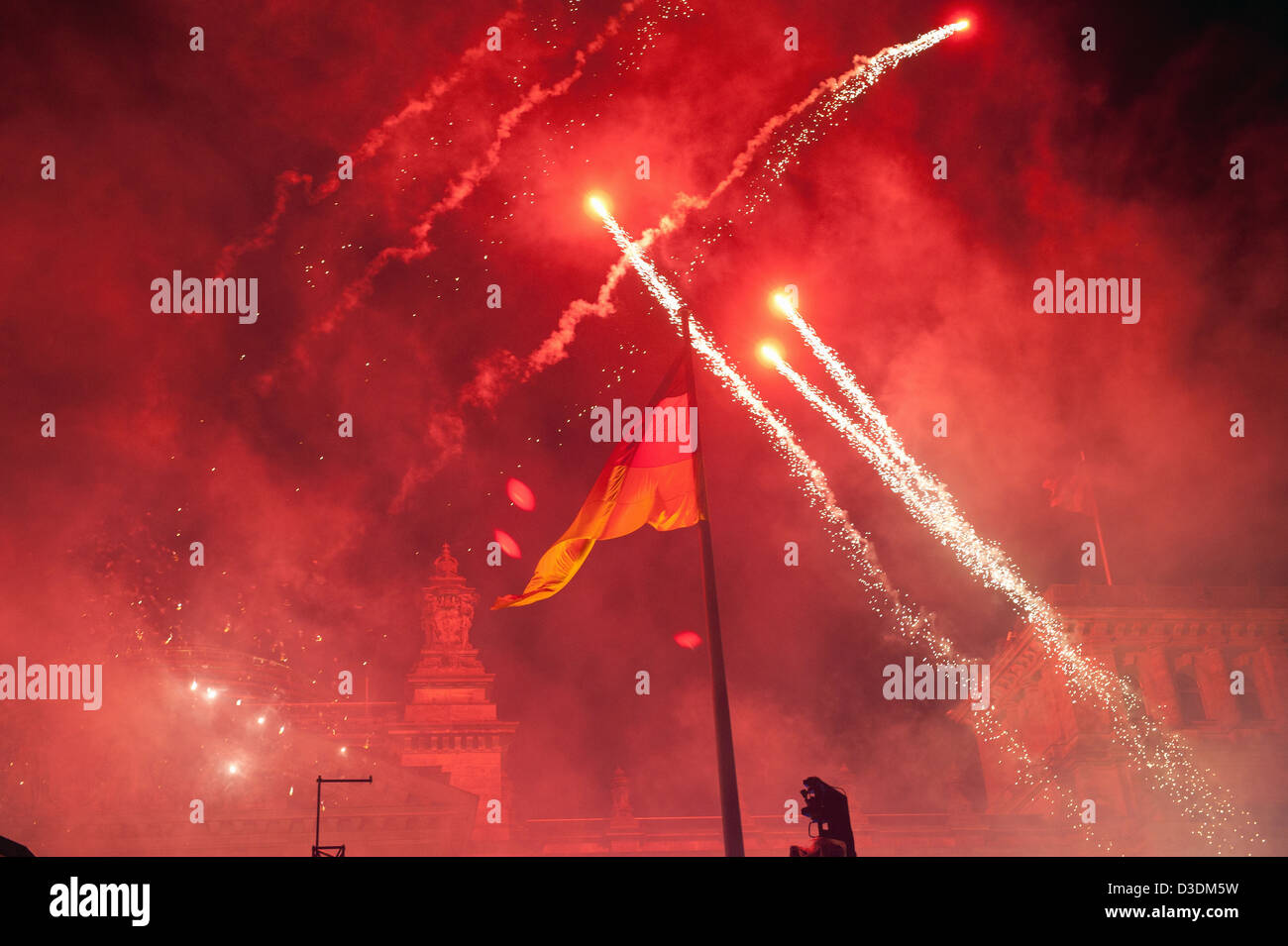 Berlin, Germany, fireworks over the Reichstag at the Day of German ...
