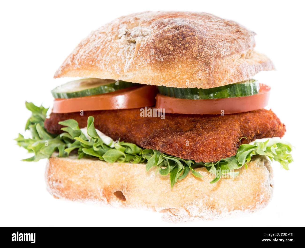 Chicken Schnitzel on a roll isolated on white background Stock Photo ...