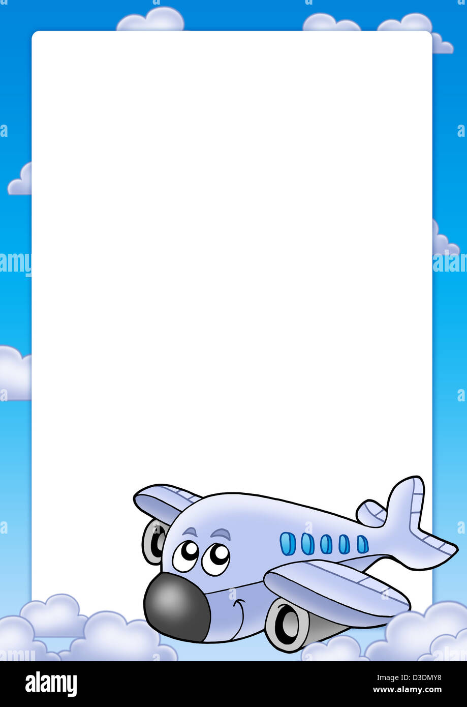 Frame with cute airplane and clouds - color illustration Stock Photo ...