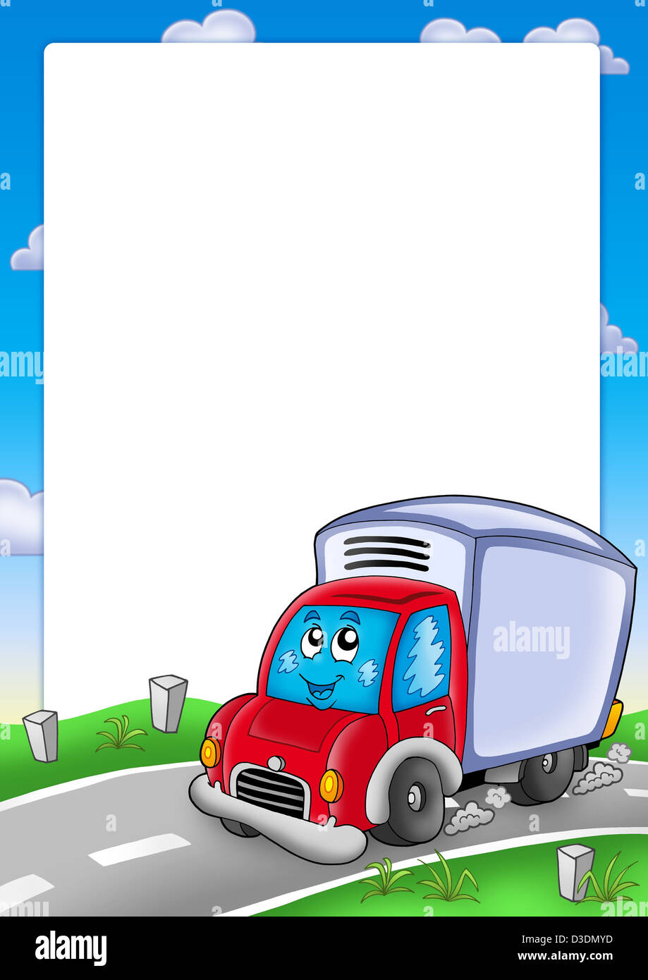 Frame with cute delivery car - color illustration Stock Photo - Alamy