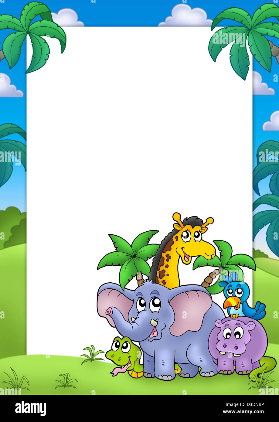 African frame with group of animals - color illustration Stock Photo ...