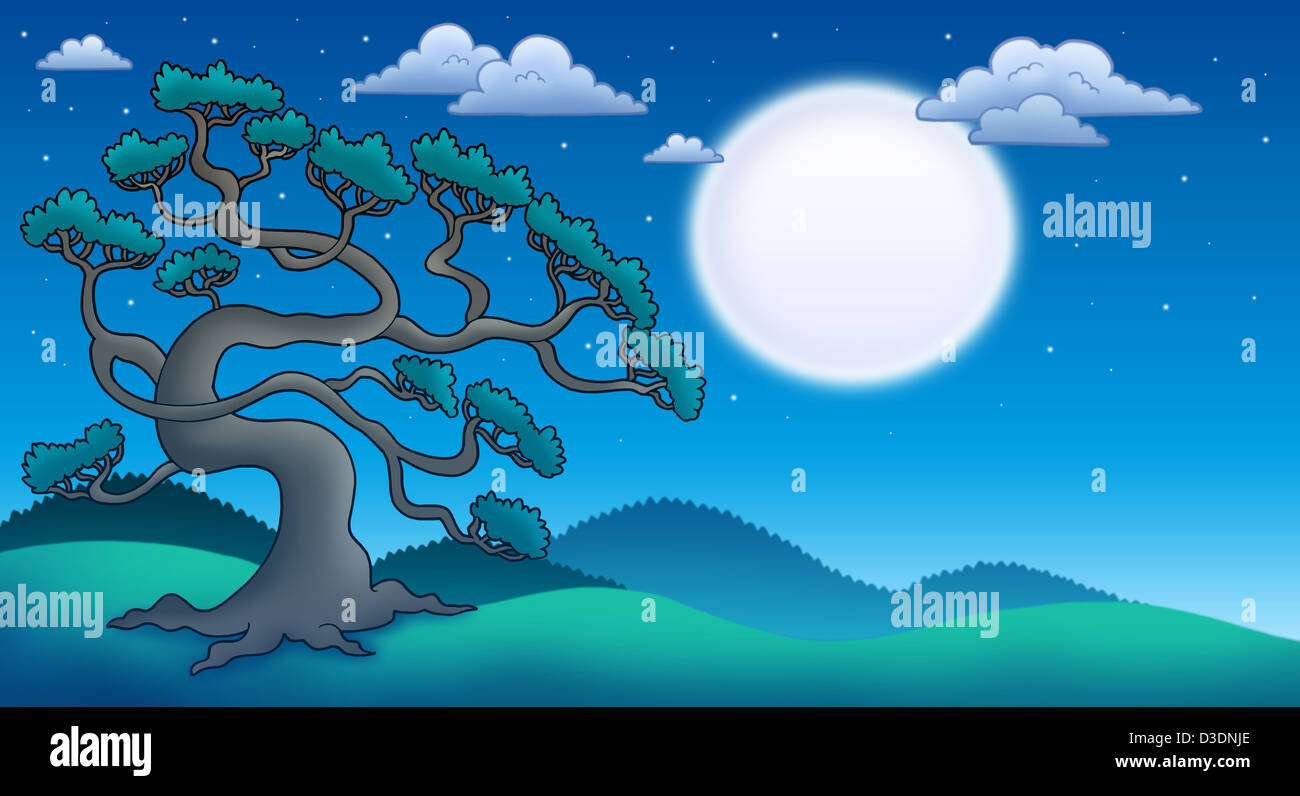 Night landscape with old pine tree - color illustration Stock Photo - Alamy