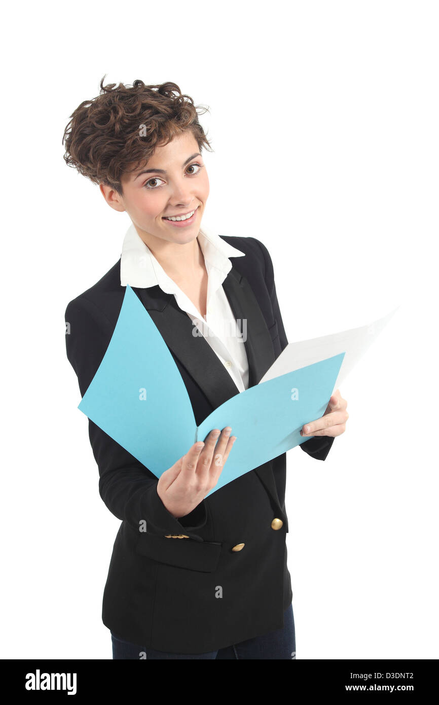 Beautiful and modern businesswoman reading a report from a blue folder ...