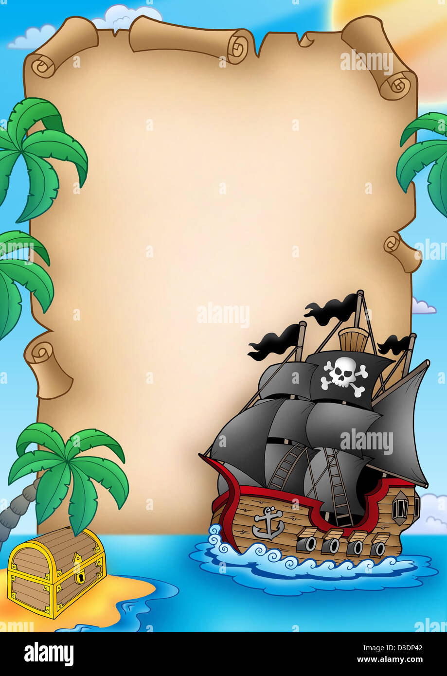 Parchment with pirate vessel - color illustration Stock Photo - Alamy