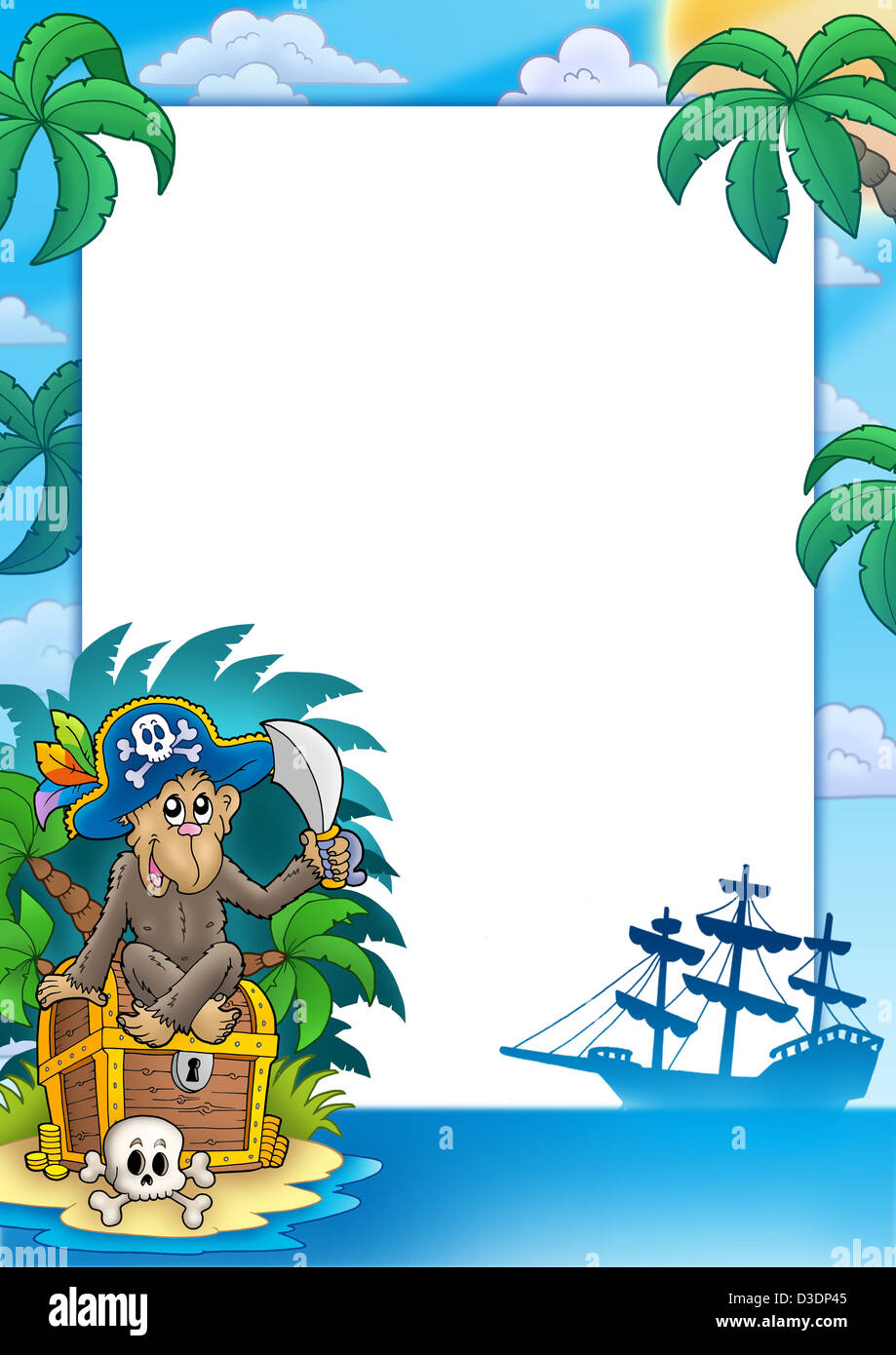 Pirate frame with monkey - color illustration Stock Photo - Alamy