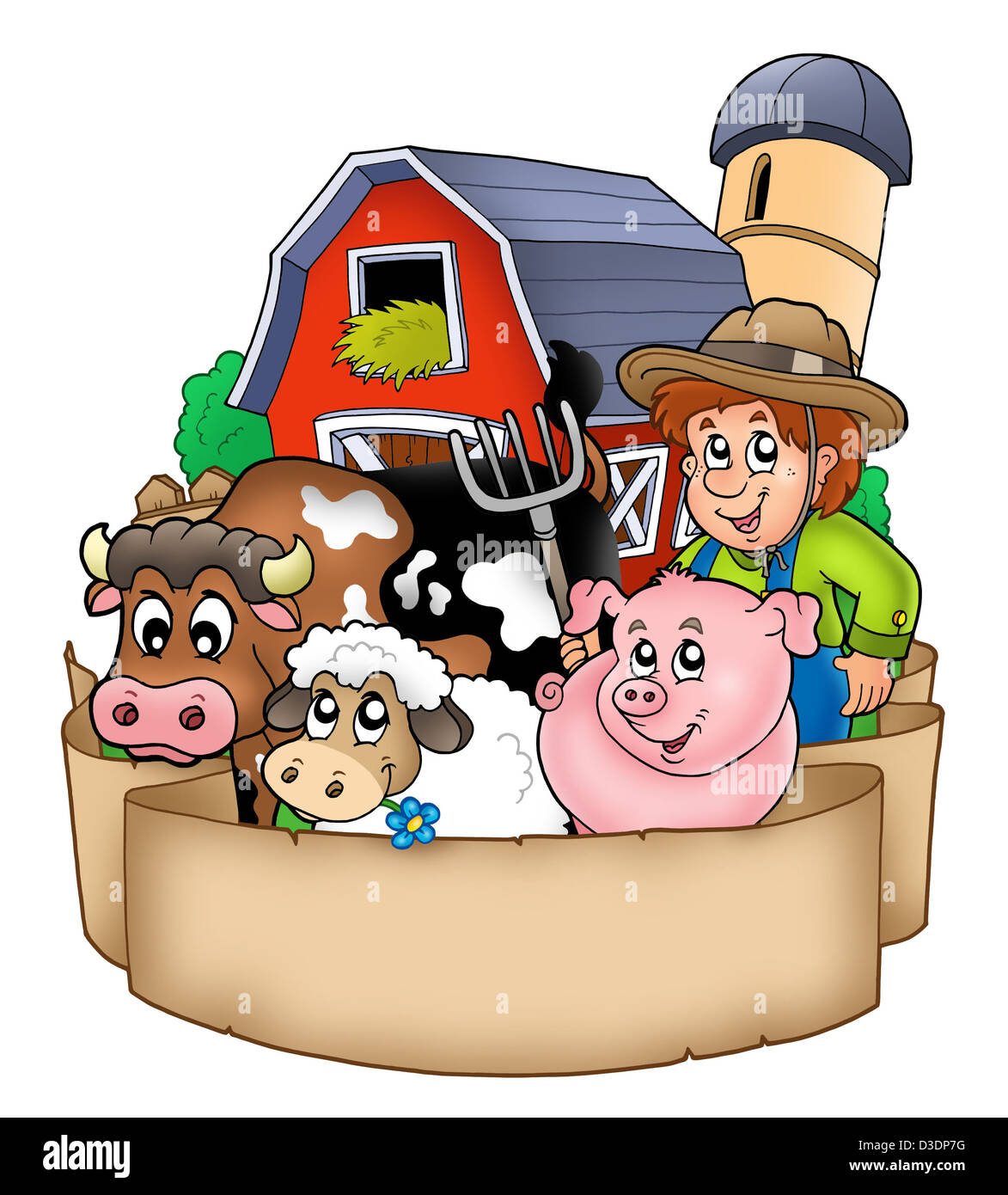 Banner with barn and country animals - color illustration Stock Photo ...