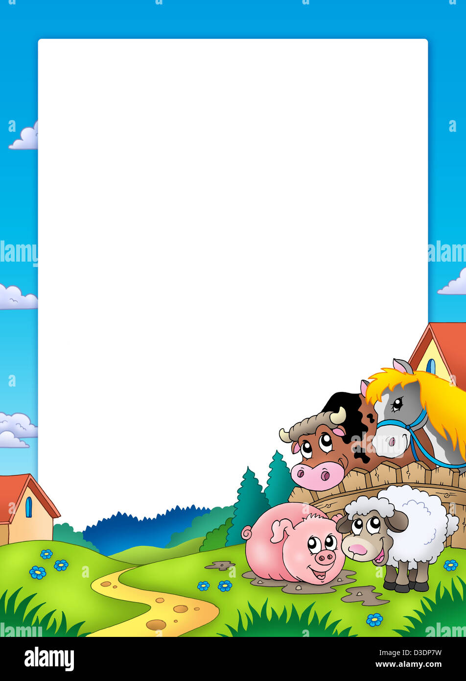 Frame with landscape and animals - color illustration Stock Photo - Alamy