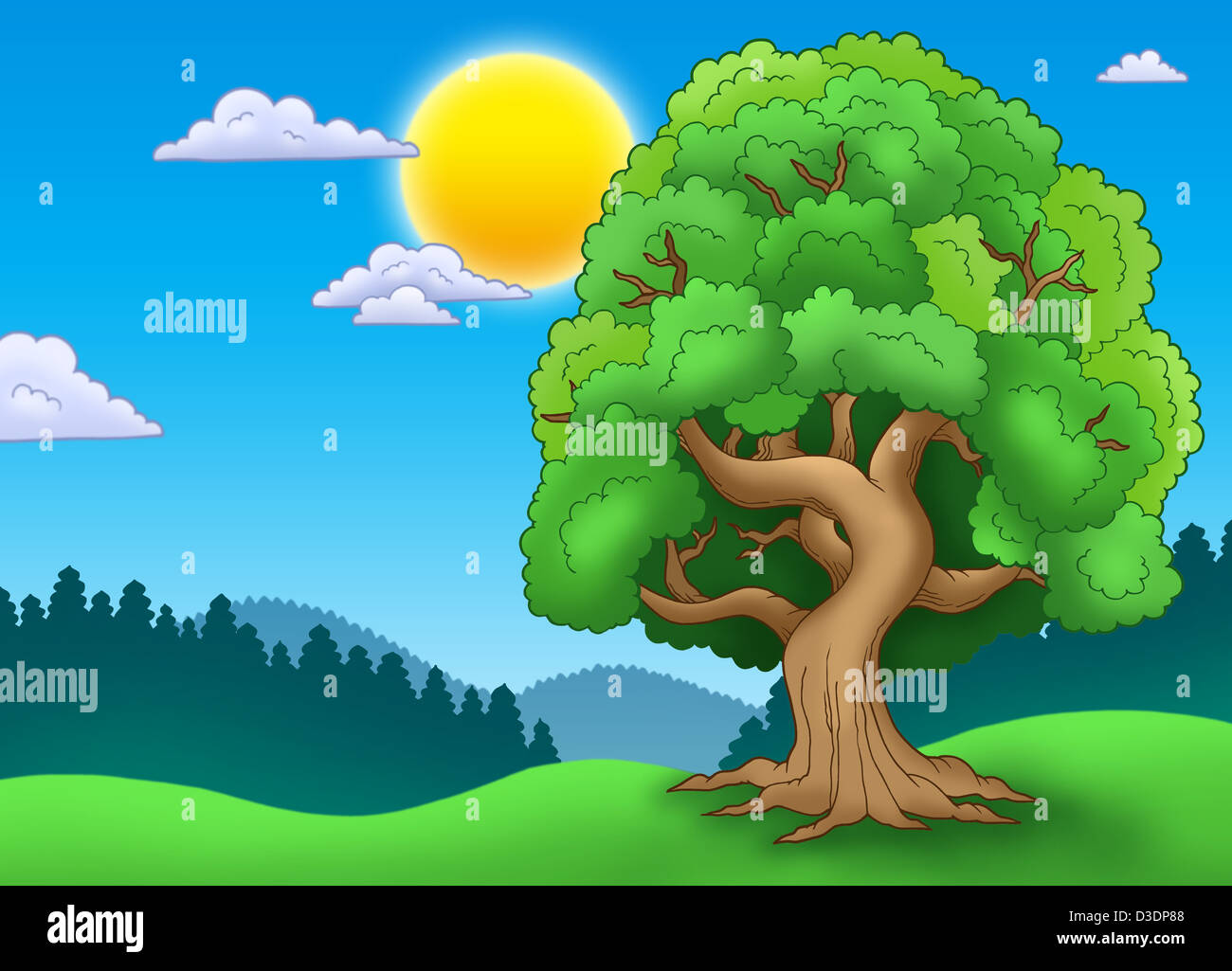 Green leafy tree in landscape - color illustration Stock Photo - Alamy