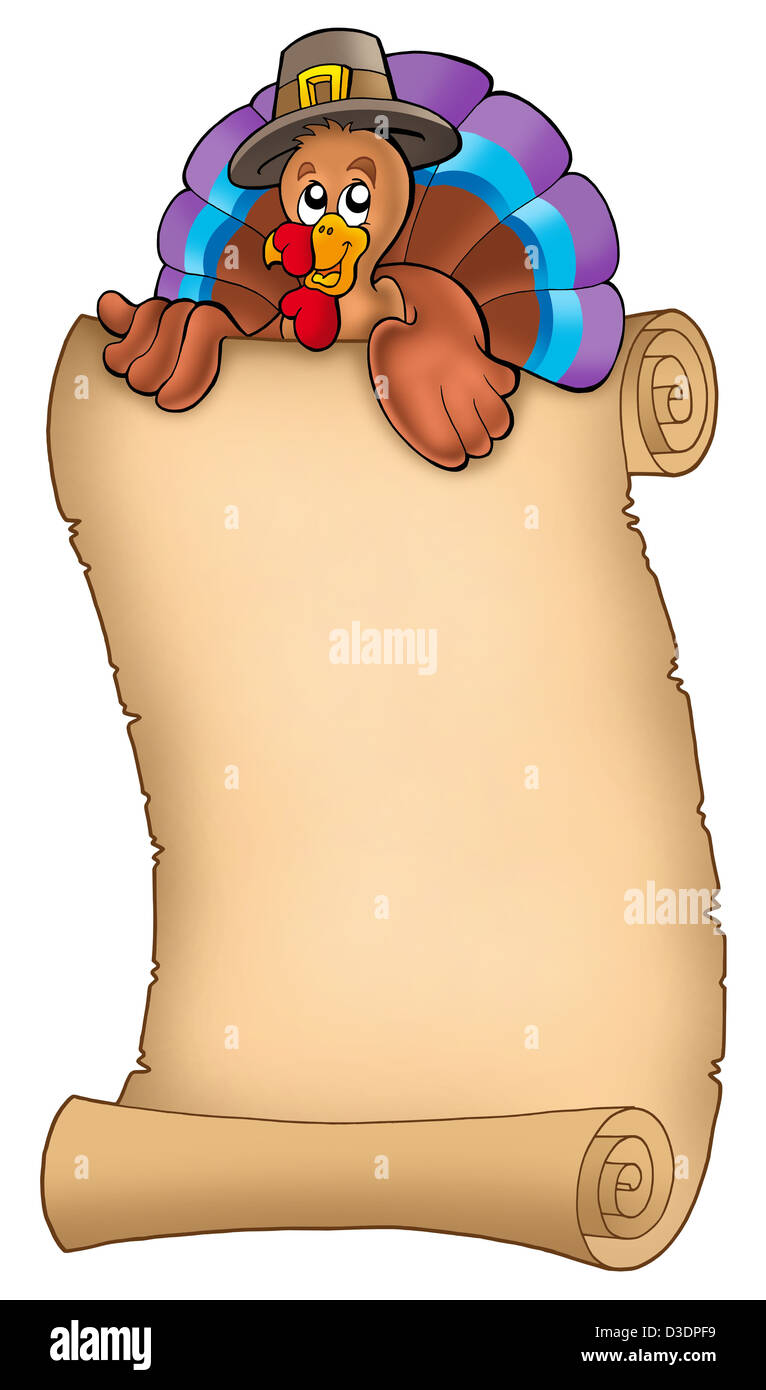 Old scroll with Thanksgiving turkey - color illustration Stock Photo ...